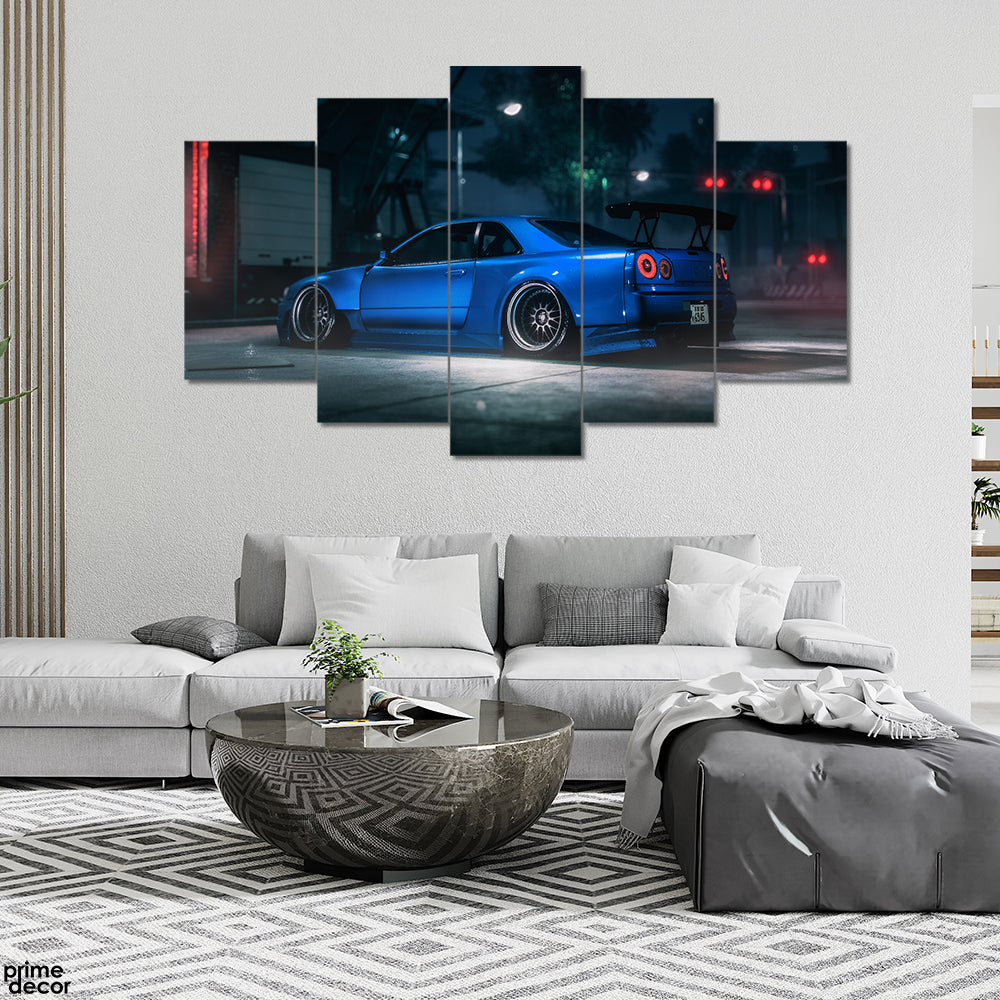 Blue Nissan GTR R34 Modified At Night (5 Panel) Cars Wall Art – Prime Décor