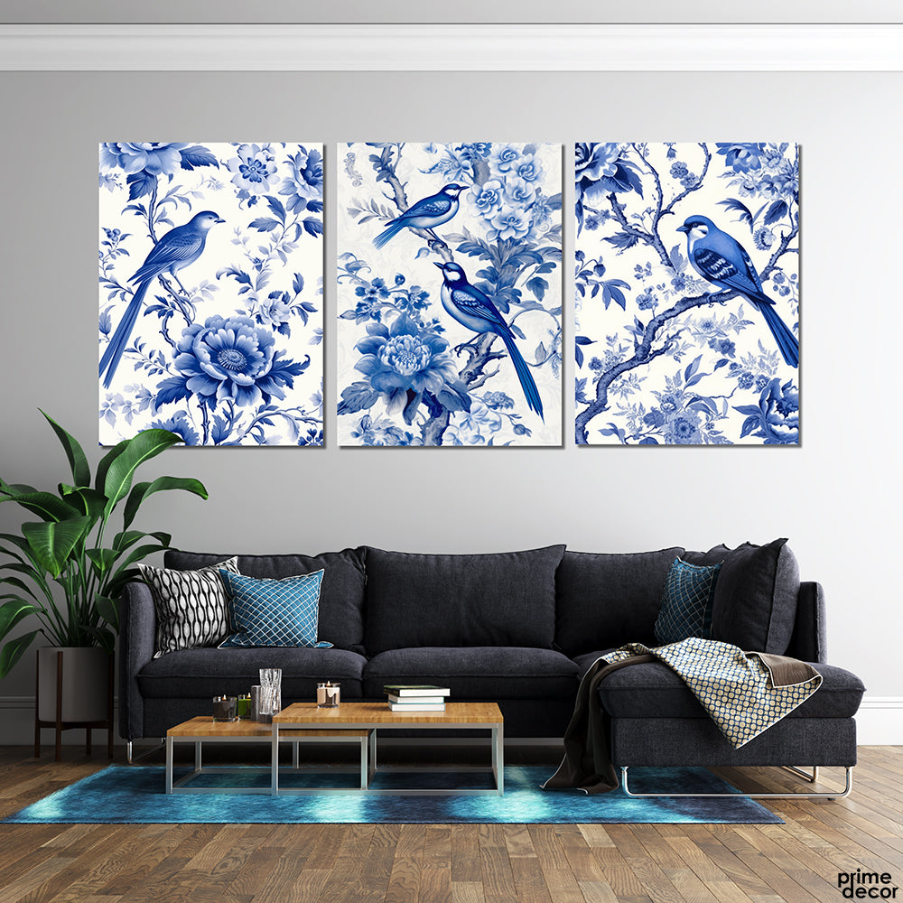 Birds With Blue & White Porcelain Floral Design (3 Panel) Floral Wall ...