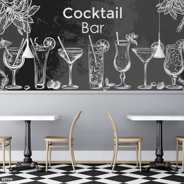 Cocktail Bar Black & White Artwork | Cafe Wallpaper Mural – Prime Décor
